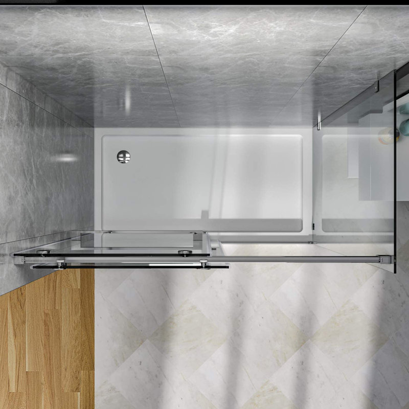 VTI 60" W x 34" D x 76" H Frameless Rectangle Double Sliding Shower Enclosure with Towel Bar ...